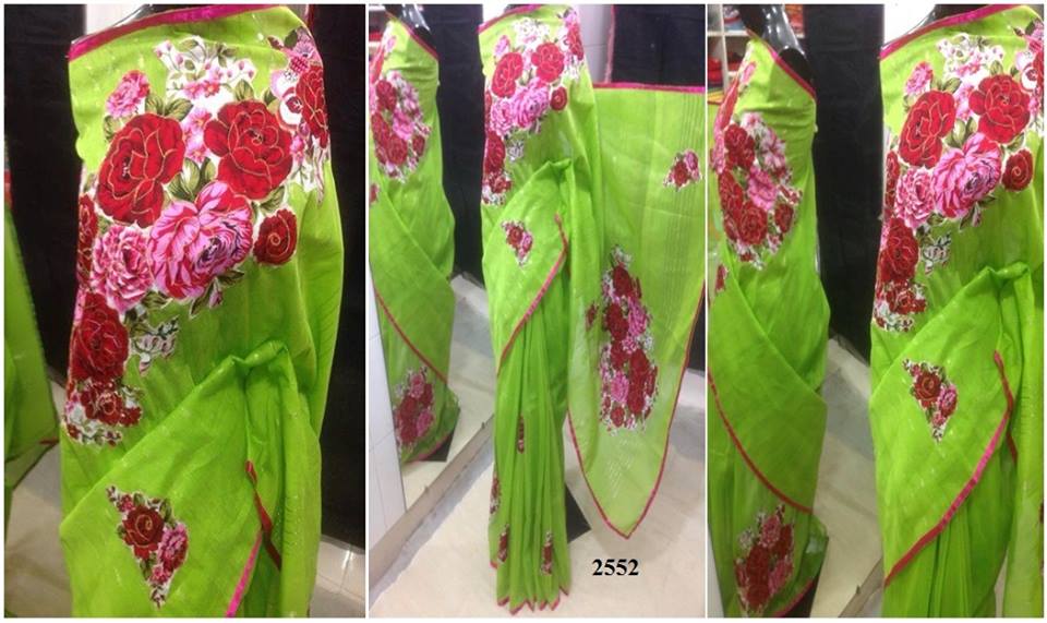 Banana Leaves color Jamdani shari Applique Work on Jamdani Shari ...