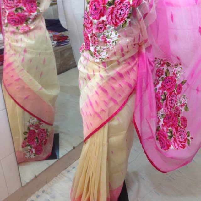 Matching Deep Orange yellow color Jamdani shari, Applique Work on ...