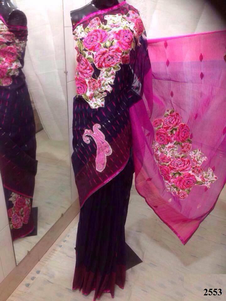 Deep Navyblue color body & Pink color Anchol. Applique Work on Jamdani ...