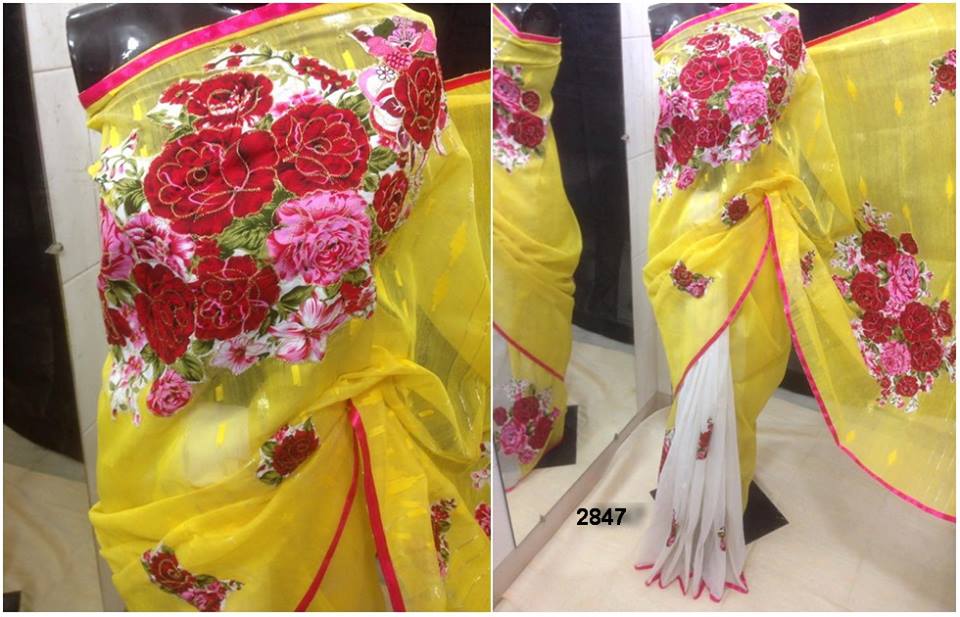 Matching Yellow color Achal and Body, White Color Kuchi Applique Work ...
