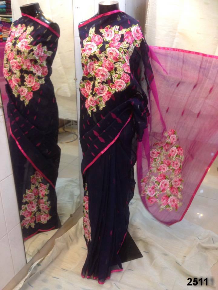 Navyblue color body & Pink color Anchol. Applique Work on Jamdani Shari ...